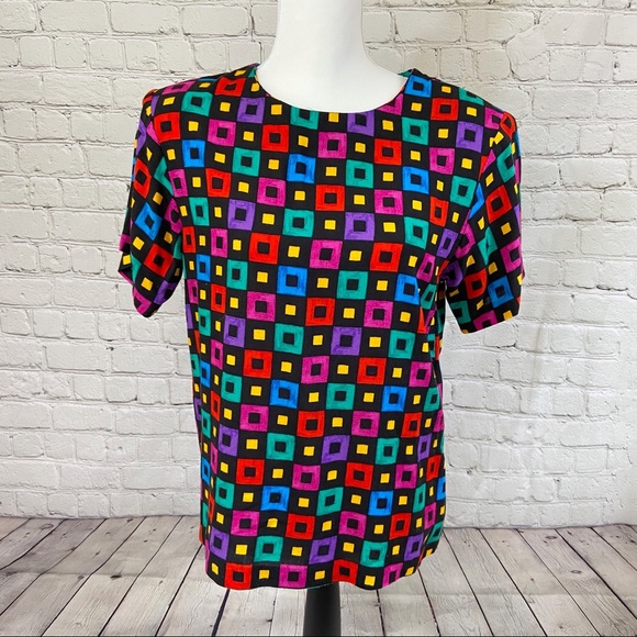 Vintage | Tops | Vintage Bright Squares Shirt Sleeve Shoulder Pads ...
